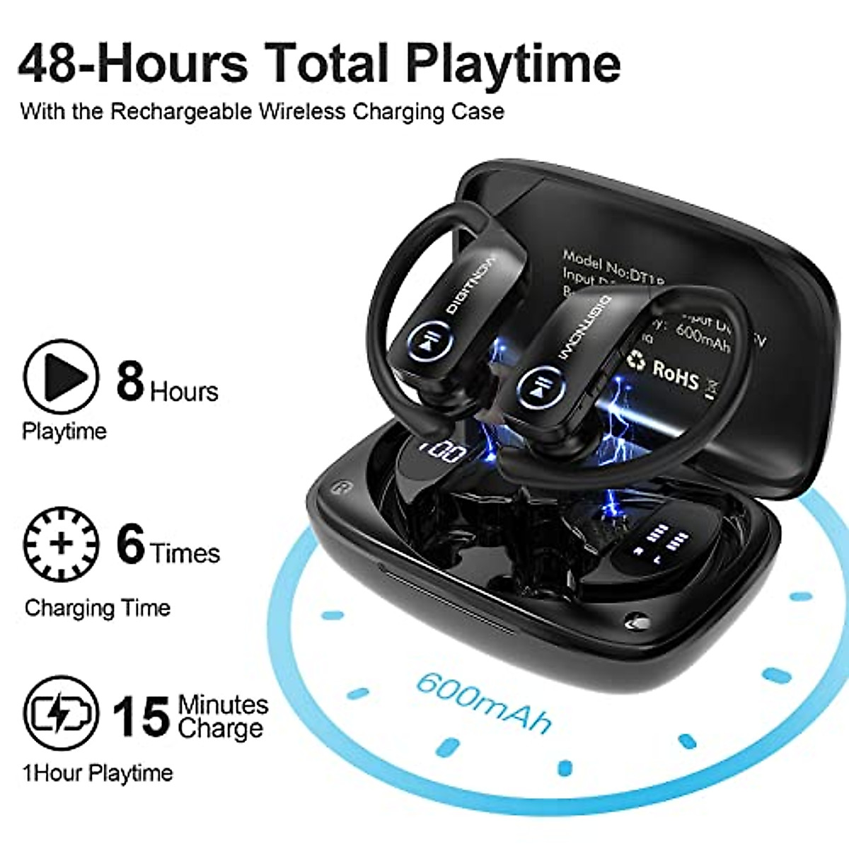 Wireless Earbuds, DIGITNOW Bluetooth 5.0 Headphones 48Hrs Play Back Touch Control with LED Display Charging Case Waterproof Stereo Earphones in-Ear Built-in Mic Headset Deep Bass for Sport Workout