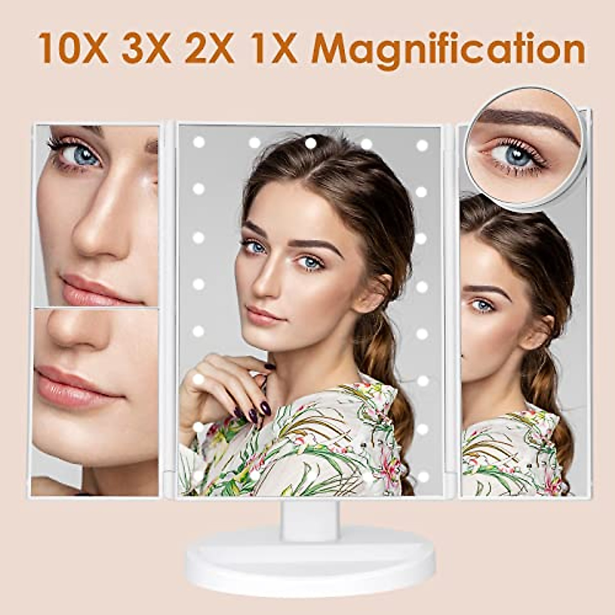 LeeWent Makeup Mirror Vanity Mirror with Lights, Bathroom Adjustable Brightness Mirrors 1X/2X/3X/10X Magnification and Touch Screen Trifold Makeup Mirror Two Power Supply Modes Women Gift White