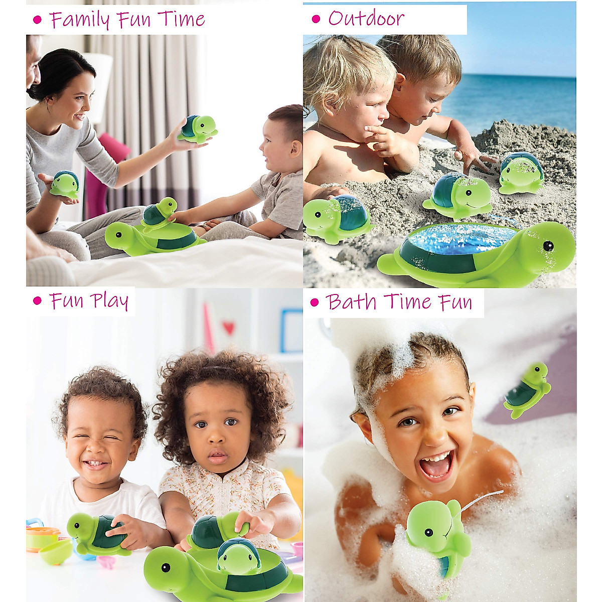 Dollibu Green Sea Turtle Family Animal Bath Squirters 4 Piece Bath Toy Set, Kids Bath Toys for Bathtime & Water Fun, Girls & Boys Floating Cute Animal Rubber Squirt Toys, Pool Toys for Kids