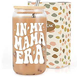 Coolife in My Mama Era Coffee Glass Cup - Best Mom, New Mom Gifts, Cute Mother Mama Gifts - Christmas, Birthday Gifts for New Mom after Birth - 16 oz Mom Cup Mama Glass Tumbler w/Straw Lid