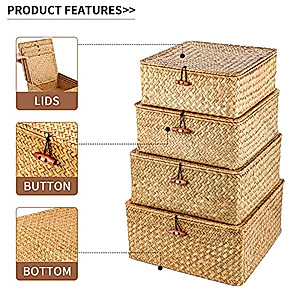 Ruosuruosu Cube Stackable Storage Bins Lids,Wicker Woven Storage Baskets Shelves,Set 4 Seagrass Storage Boxes,Rattan Storage Containers Organizing,Clothes,Toys,Books Cluttered Small Items Honey Brown