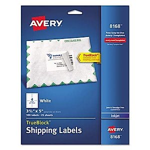 Avery 8168 Inkjet Labels, Shipping, Permanent, 3-1/2-Inch x5-Inch , 100/PK, WE