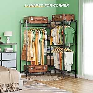 LEHOM G7 Heavy Duty Clothes Rack for Hanging Clothes, Portable Garment Rack Compact Size Closet Organizer, Freestanding Metal Clothing Rack Wardrobe Closet with Storage Shelves for Bedroom(Medium)
