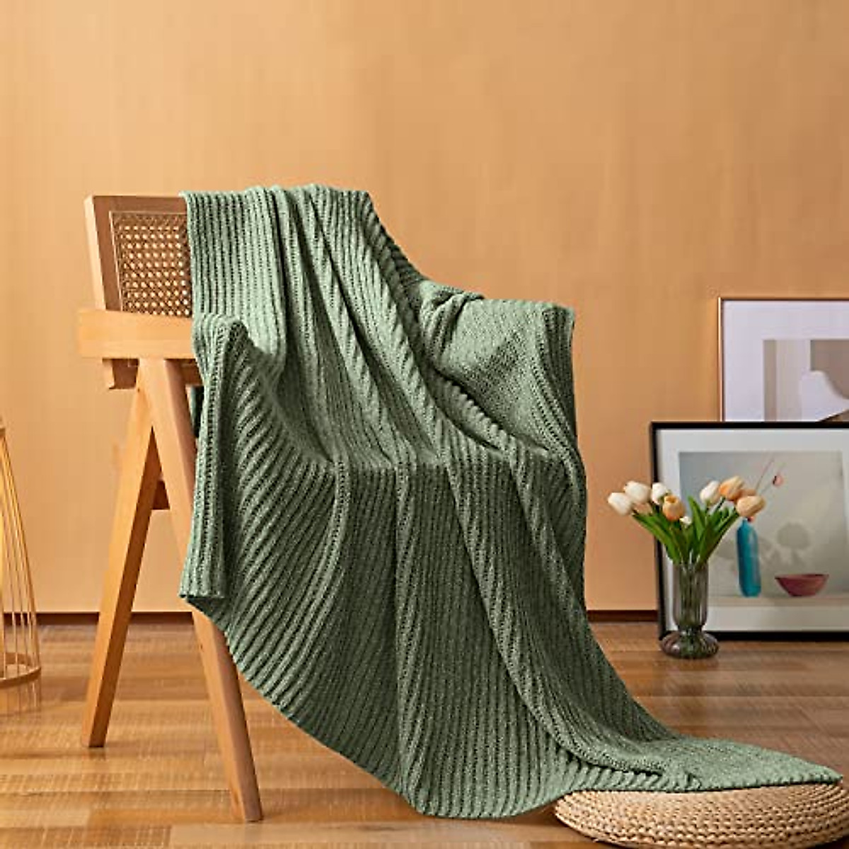 Aormenzy Sage Green Chenille Throw Blanket for Couch, Sage Knit Blanket Soft & Cozy Decorative Throw Blanket for Sofa Bed Chair