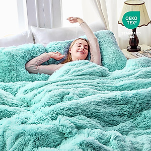 EMME Plush Shaggy Duvet Cover Set Twin Size Fluffy Fuzzy Comforter Cover Set for Twin Bed 2 Pieces Luxury Soft Bedding Duvet Covers (Aqua, Twin)