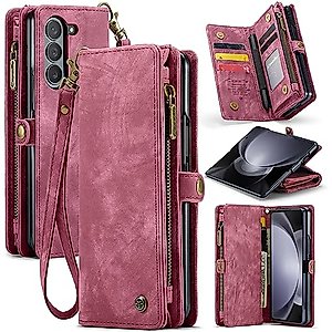protective filp case Wallet Case Compatible with Samsung Galaxy Z Fold 5,2 in 1 Detachable Premium Leather Magnetic Zipper Pouch Wristlet Flip Phone Case,Matte Soft Leather+TPU Bottom Shell Case W Car