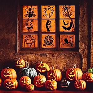 48 PCS Halloween Stencils Reusable, Ghost Bat Witch Spider Pumpkin Stencils for Painting on Wood DIY Crafts Ornaments Wood Slice Halloween Decoration