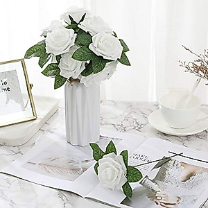 DerBlue 60pcs Artificial Roses Flowers with stem and 10pcs Green Leaves Real Looking Fake Roses Artificial Foam Roses Decoration DIY for Wedding,Arrangements Party Home Decorations