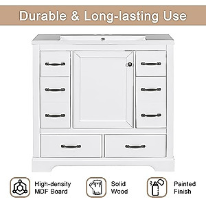 Merax 36" Bathroom Vanities Sink Set, Ceramic Undermount Top, Freestanding Cabinet with Door and Multi-Functional Drawers, Storage Divider, White