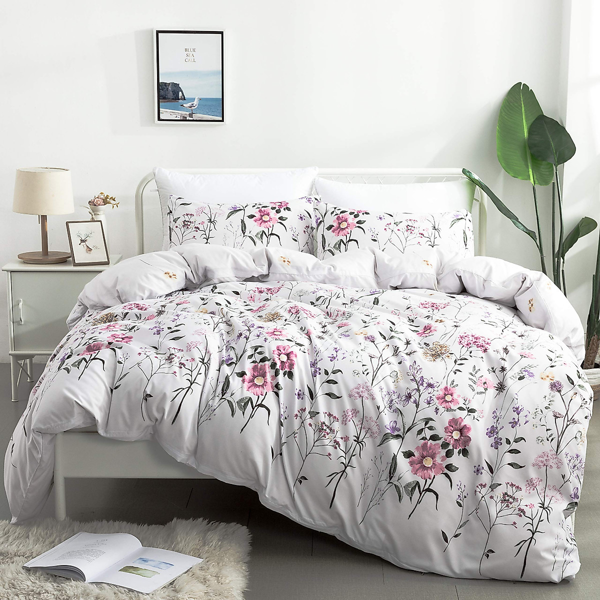 Carisder Full/Queen Duvet Cover Set Floral Soft White Comforter Cover Set 3 Pieces Bedding Sets (Floral Queen)