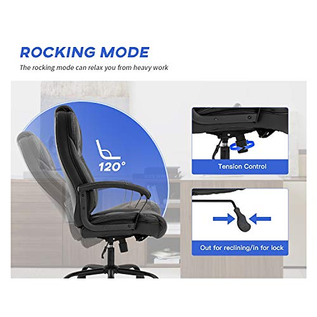Big and Tall 500lbs Wide Seat Ergonomic Desk Chair with Lumbar Support Arms Headrest Massage Office Chair Rolling Swivel PU Leather Task Computer Chair for Adults,Black