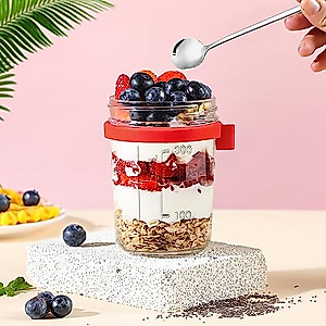 Tekuve Overnight Oats Containers with Lids and Spoon 2 Pack, Glass 16 oz Mason Jars with Airtight Lid for Overnight Oats Meal Prep Chia Yogurt Salad Fruit Pink Green