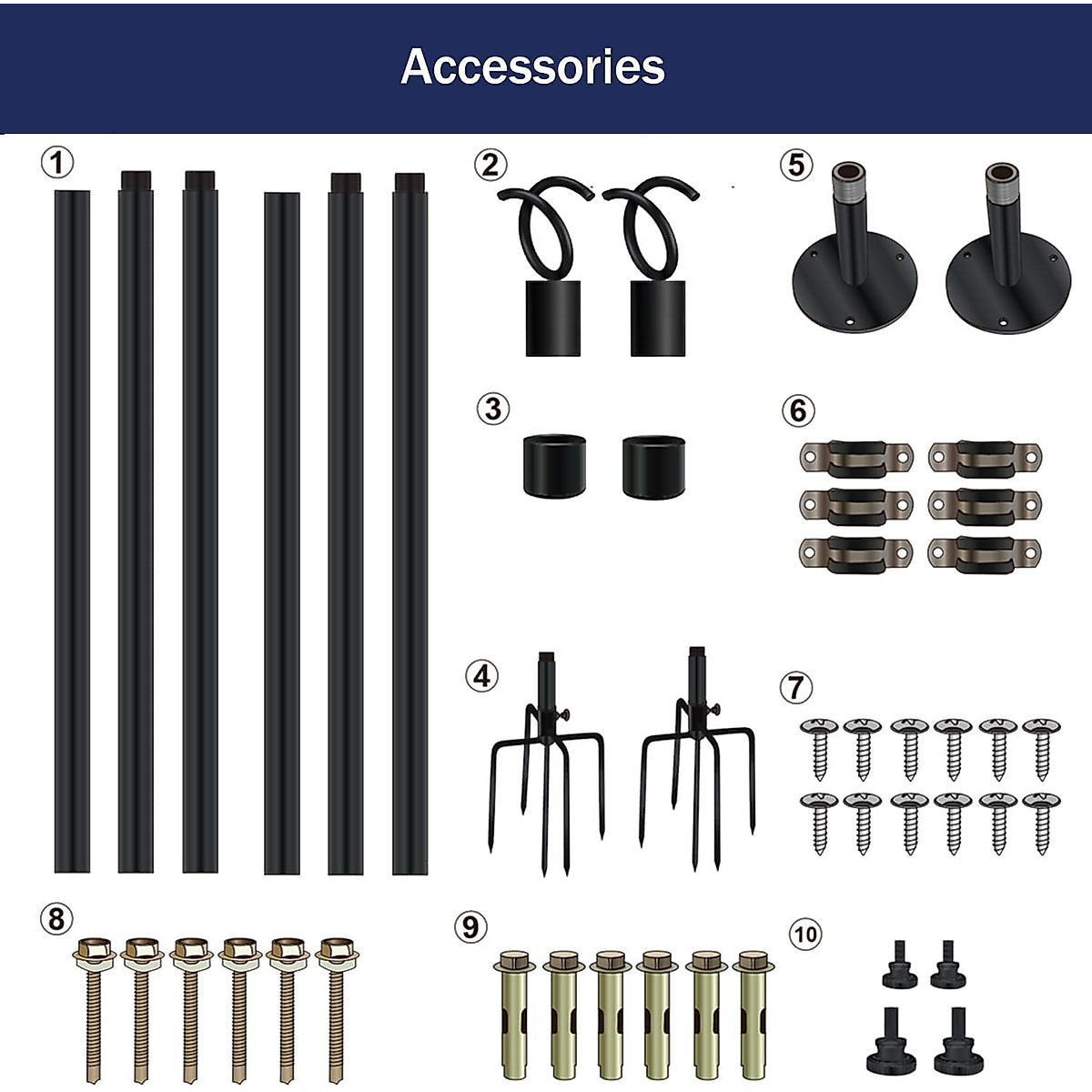 4 Pack 96" Shade Sail Poles, Heavy Duty Sun Shade Poles - with Adjustable Turnbuckle for Shade Sail Canopy, Steel Post Stand w/Hooks for Outdoor String Light, Patio, Backyard