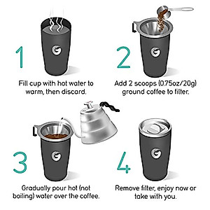 Coffee Gator Coffee Travel Mug - 20 oz Stainless-Steel, Vacuum Insulated Tea and Coffee Tumbler for Women and Men with Leakproof Lid & Paperless Dripper, Silver