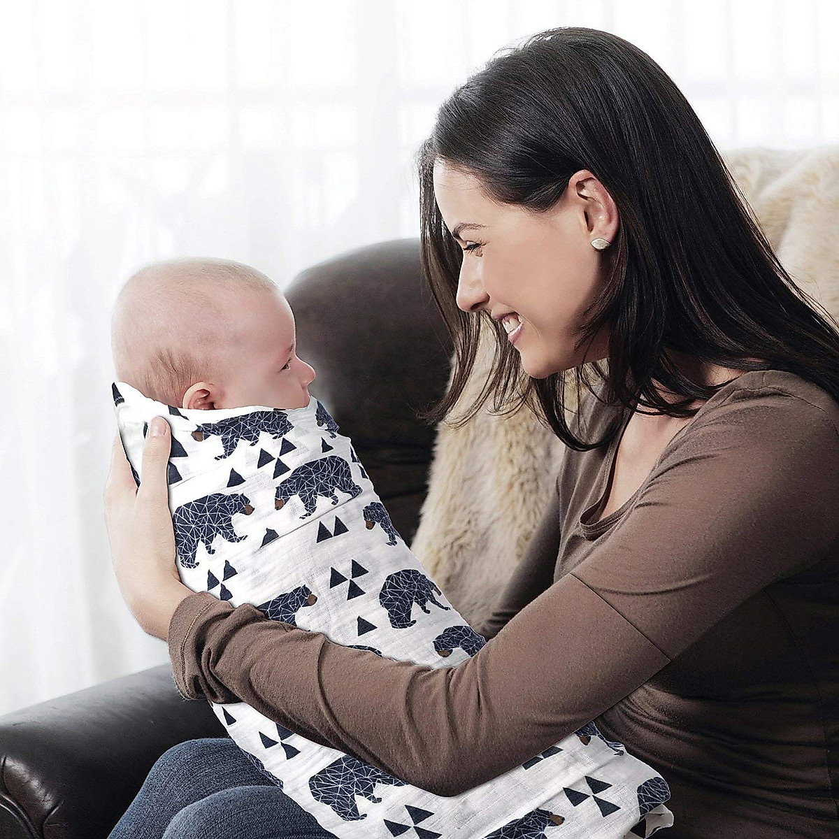 HGHG Cute Organic Cotton Muslin Swaddle Blankets Premium Receiving Blanket for Boys & Girls 47" x 47" Baby Bear Blanket