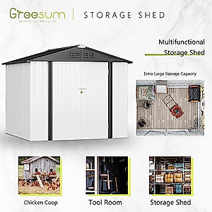 Greesum Metal Outdoor Storage Shed 8FT x 6FT, Steel Utility Tool Shed Storage House with Door & Lock, Metal Sheds Outdoor Storage for Backyard Garden Patio Lawn, White