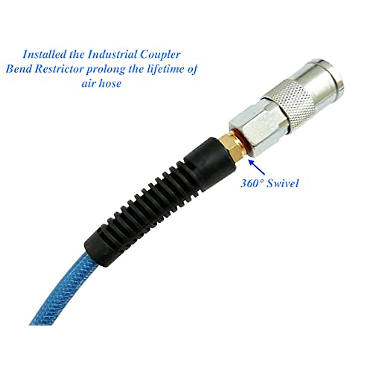 SANFU (PU) Polyurethane Reinforced Air Hose 1/4”ID(6.3 x 9.8mm) x 100ft, Anti-low temperature 300PSI with 1/4-Inch Swivel Solid Brass Quick Coupler and Plug, Navy Blue(100’)