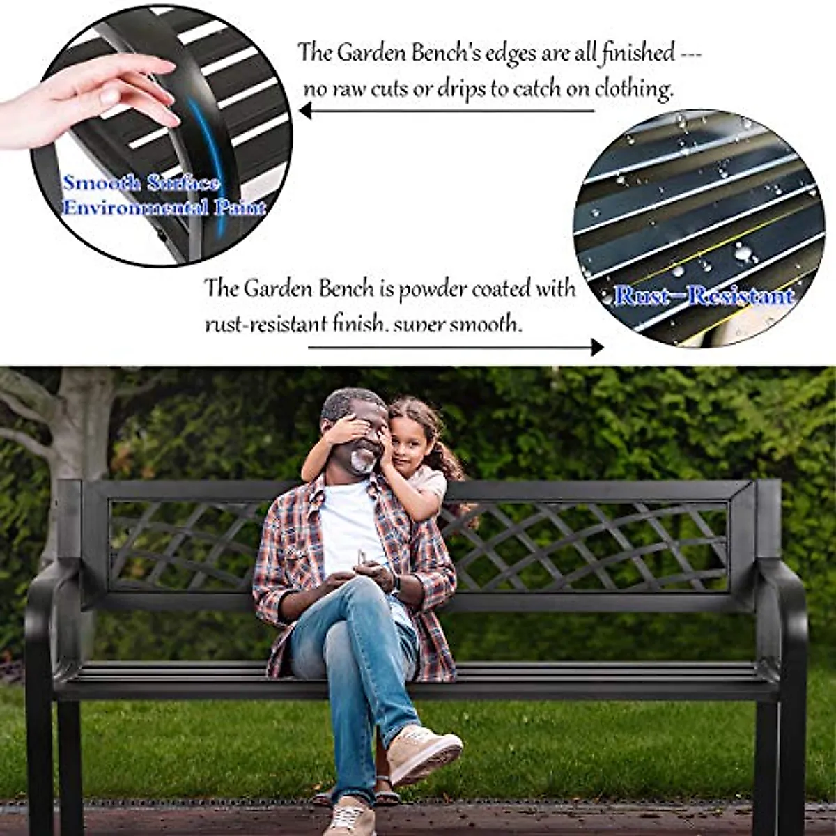 Garden Bench with Black Checkered Design,400 lbs Outdoor Bench Metal Bench Park Bench with Cast Iron Frame Bench Chair,for Patio Front Porch Garden Balcony Lawn Furniture Entryway Backyard,Black