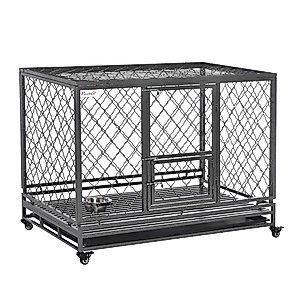 PawHut Heavy Duty Dog Crate Metal Kennel and Cage Dog Playpen with Lockable Wheels, Slide-Out Tray, Food Bowl and Double Doors, 49"