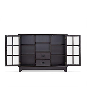 Knocbel Contemporary Console Table Buffet Sideboard Storage Cabinet with 2-Drawer, 2 Open Compartments & 2 Glass Doors, 42" L x 12" W x 32" H (Espresso)