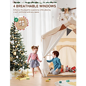 besrey Kids Tent, Kids Playhouse 2 in 1 with Padded Mat and Lights, Large Play Tent with 2 Doors & 4 Windows, Kids Play Tent Indoor & Outdoor, Christmas Toddler Tent for Kids, 51" x35" x 51"