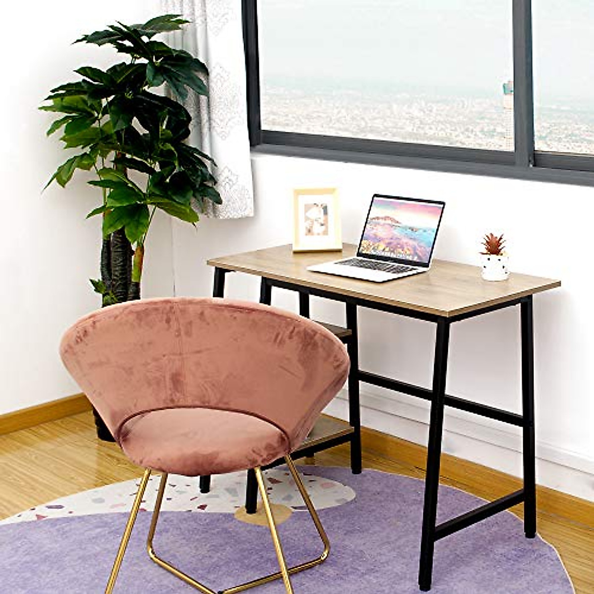 Coral Flower Landisl Desk,Simple and Modern Design,with Two Open Shelves for Books, Office Supplies or Accessories Within Easy Reach，Light Oak