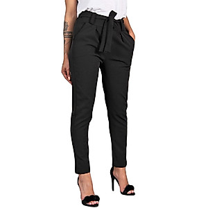WUAI-Women Work Pants High Waist Pencil Cropped Paper Bag Waist Pants Slim Fit Casual Pants with Pockets(Black,Small)