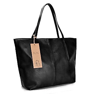 ZLYC Women Vintage Dip Dye Leather Tote Bag Handbag Large Zippered Shoulder Bag, Black