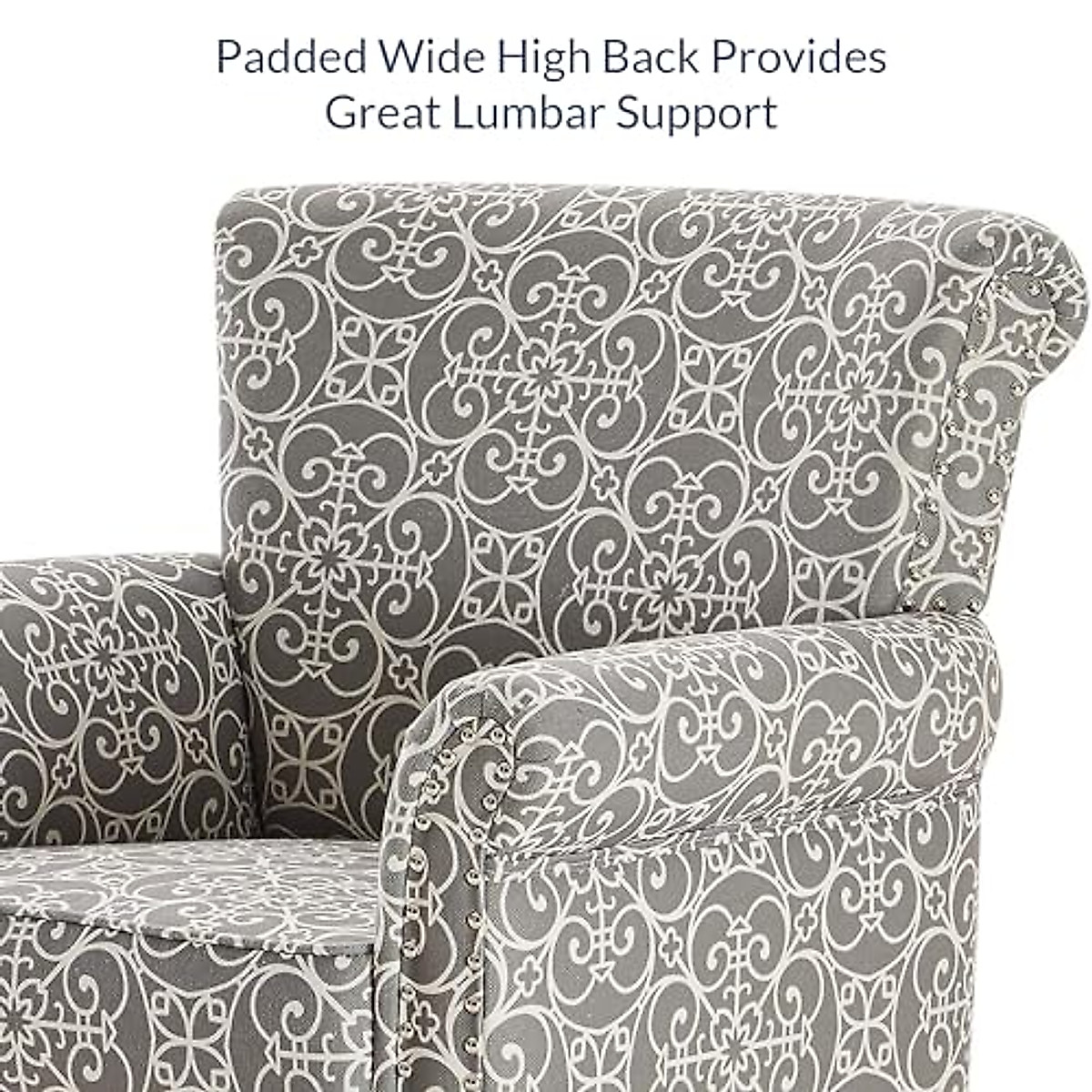 BELLEZE Upholstered Wingback Accent Chair, Fabric Armchair Club Chair, Nailhead Trim High Back Patterned Corner Chair for Living Room Bedroom - Rosette (Gray)