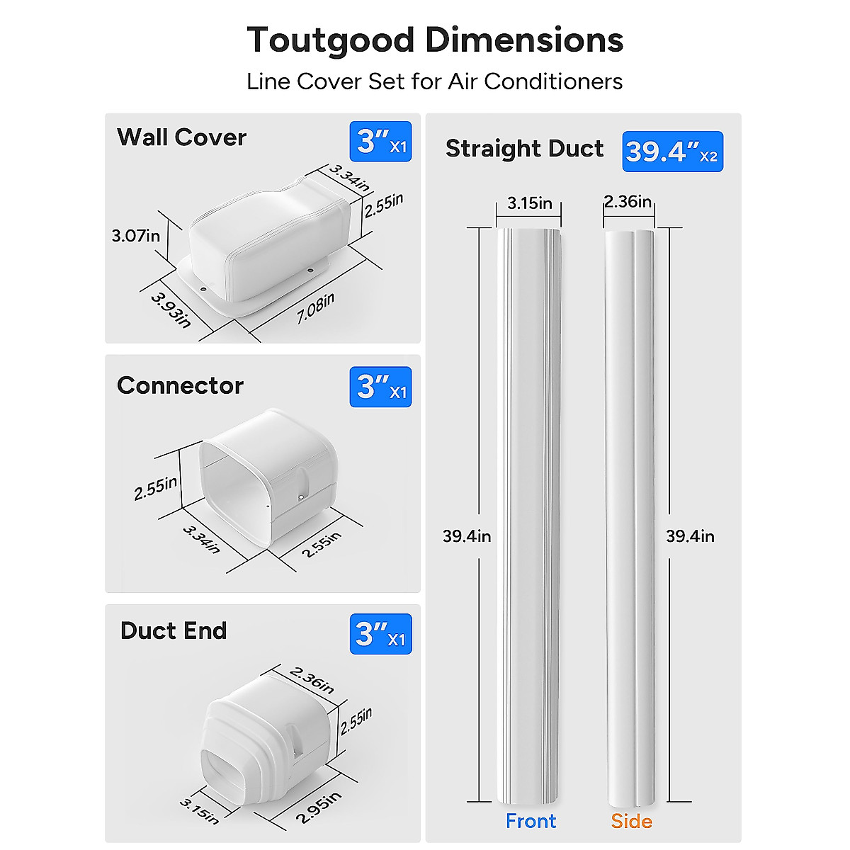 Toutgood 3'' 7.5Ft Line Set Cover Kit for Mini Split Ductless Air Conditioners and Heat Pumps, Central AC Decorative Upgraded UV-Proof Strong& Durability PVC Pipe