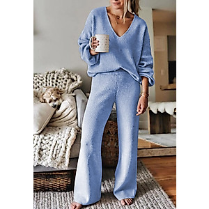 Viottiset Women's 2 Piece Outfits Sweater Set V Neck Knit Pullover Top Wide Leg Pants Sweatsuit Blue Small