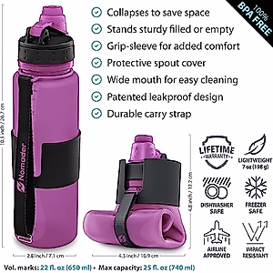 Nomader BPA Free Collapsible Sports Water Bottle - Foldable with Reusable Leak Proof Twist Cap for Gym Travel Hiking Camping and Outdoors - 22 oz (Purple)