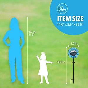 Exhart Garden Solar Lights, Sunflower Garden Stake with Mesh Bird Seed Feeder, 9 LEDs, Glass and Metal Outdoor Decoration, Blue, 11 x 3.5 x 36.5 Inch