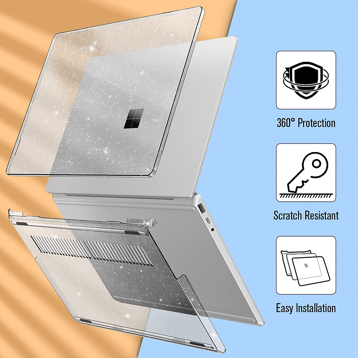 Fintie Case for 12.4 Inch Microsoft Surface Laptop Go 3/2/1 (2023/2022/2020) Model: 2013 1943 - Protective Snap On Hard Shell Cover, Glittering Clear