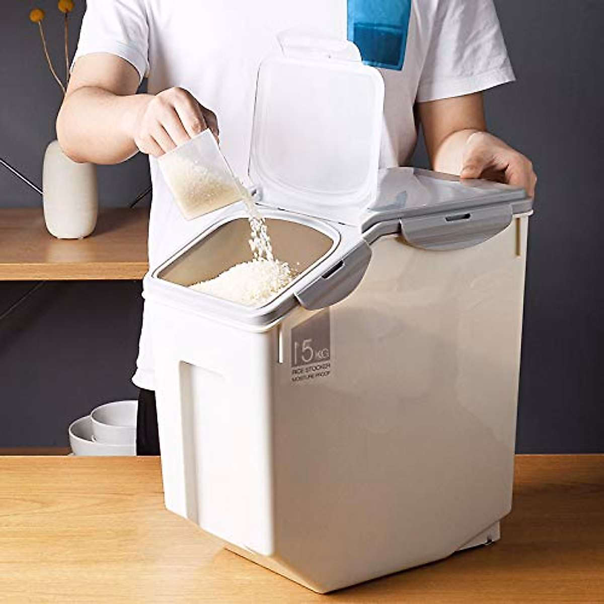 Zaop 30Lbs Airtight Rice Storage Container, Sealed Food Cereal Grain Bins with Scale Measuring Cup, Pet Food Bucket Tank, Gray, 0OHT05A8GMV8508112NCR1NJT, Large