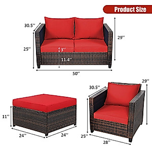 Tangkula 5 Pieces Patio Furniture Set, Outdoor Rattan Sofa Set w/Removable Cushions, Wicker Loveseat w/Single Sofa and Ottoman, Sectional Sofa Conversation Set for Backyard, Garden, Poolside (Red)