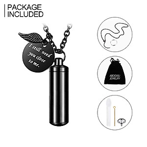 abooxiu Cylinder Urn Necklace for Ashes Cremation Jewelry/Keychain for human Pet Stainless Steel Memorial Keepsake Pendant with Angel Wing Charm Ashes Jewelry-Black M