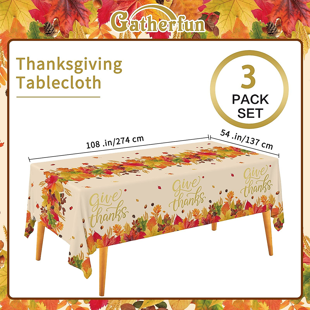 Gatherfun Fall Thanksgiving Party Supplies, Disposable Tablecloth, Plastic Table Cover for Autumn Party Decorations and Thanksgiving Party Decorations, 3 Pack, 54”x108”