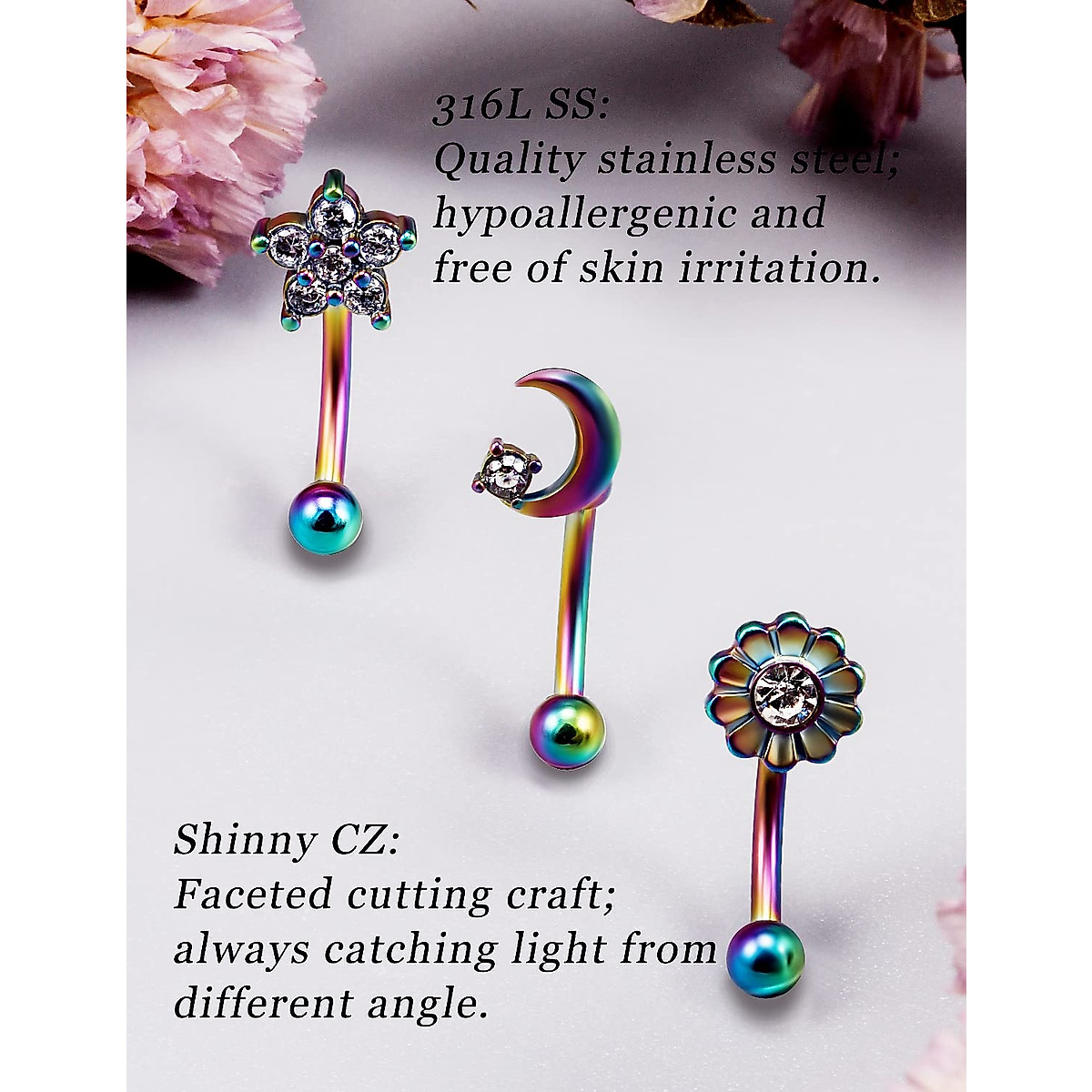 12Pcs 16G Rook Piercing Jewerlry Surgical Steel Eyebrow Piercing Jewelry Flower Crystal Heart CZ Moon Shape Eyebrow Rings Snake Eyes Rook Earrings for Women Men Tongue Retainer,Purple curved Barbell
