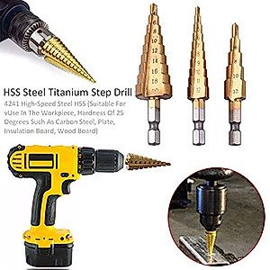 Tameco 3Pcs Hss Steel Titanium Step Drill Bits 3-12/4-12/4-20mm Step Cone Cutting Tools Steel Woodworking Wood Metal Drilling Set