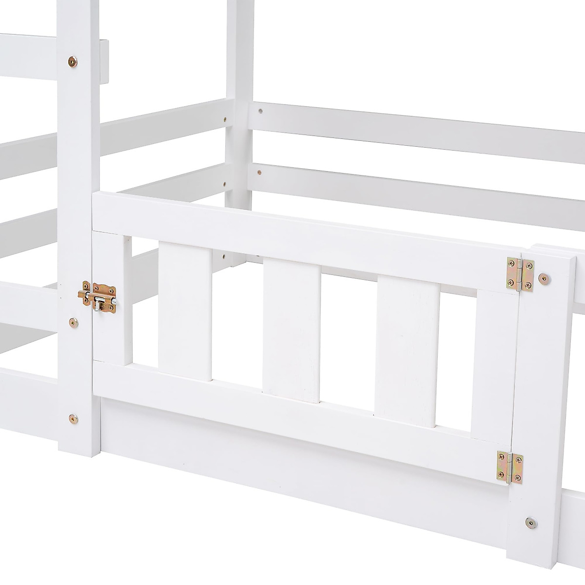 RuiSiSi Twin Size Floor Low Bunk Bed with Fence and Door, Wood Bunk Bed Frame with Guardrails and Ladder, House Shaped Bunk Bed for Kids, White