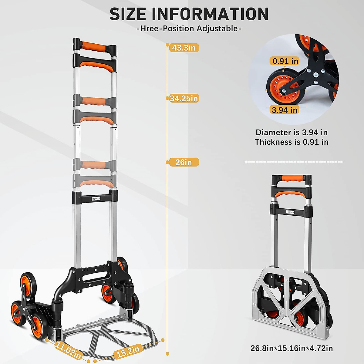 Stair Climbing cart Dolly Extended Handle by Teprovo,Aluminum Foldable Hand Truck Moving, Flat Floor Load capacity176 lb, Stair Climbing Dolly Load110 lb, Portable Trolley cart with Wheels