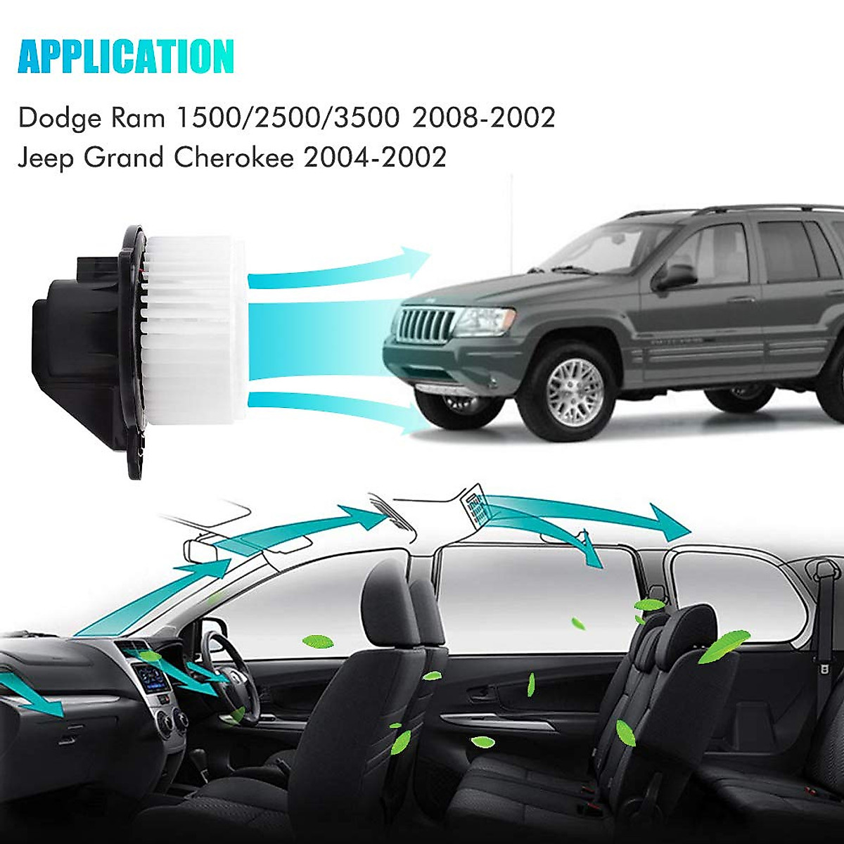 AC Heater Blower Motor with Fan Replacement for 2002-2008 Dodge Ram 1500 2500 3500, 2002 2003 2004 Jeep Grand Cherokee Replaces # 5012701AB, 5096255AA, 5096256AA, PM9198, 700012