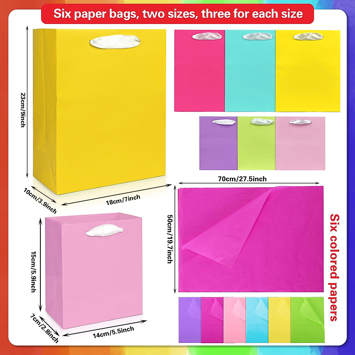 MUMULULU 6 Pack Gift Bags Assorted Sizes Colorful Paper Gift Wrap Bags with Handle and Tissue Paper for Birthday Party Baby Shower Wedding Holiday Presents (3 Small 6", 3 Medium 9")