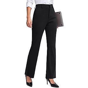 Rammus Womens Straight Leg Casual Pants with Zipper Pockets Stretch Dress Work Pants for Women Business Office Slacks Black