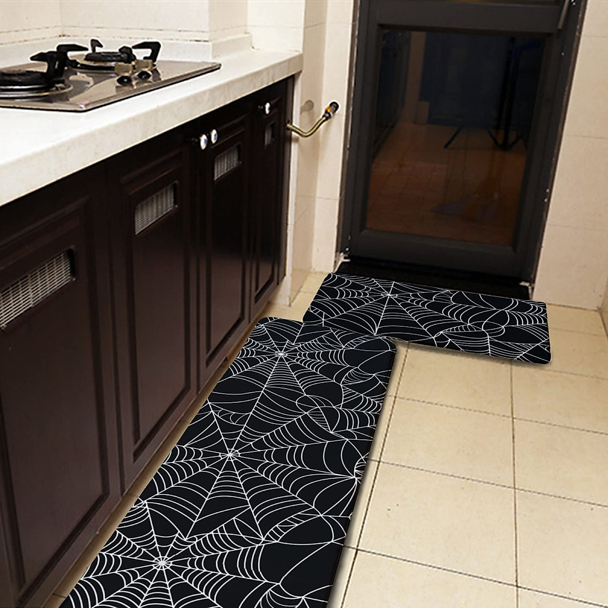 YouTary Halloween Spider Black and White Spiderweb Pattern Kitchen Rug Set 2 PCS Floor Mats Washable Non-Slip Soft Flannel Runner Rug Doormat Carpet for Floor Home Bathroom, 17" x 47"+17" x 24"-M