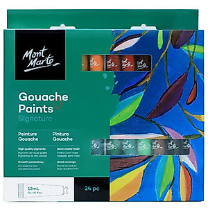 Mont Marte Signature Gouache Paint, 24 x 0.4oz (12ml), Semi-Matte Finish, 24 Colors, Suitable for use with Canvas, Watercolor Paper, Watercolor Paints and Mixed Media