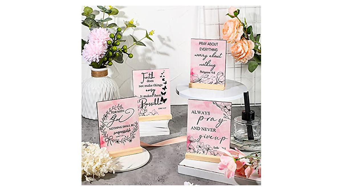 Inspirational Christian Desk Decor - Set of 4 Pink Bible Quotes