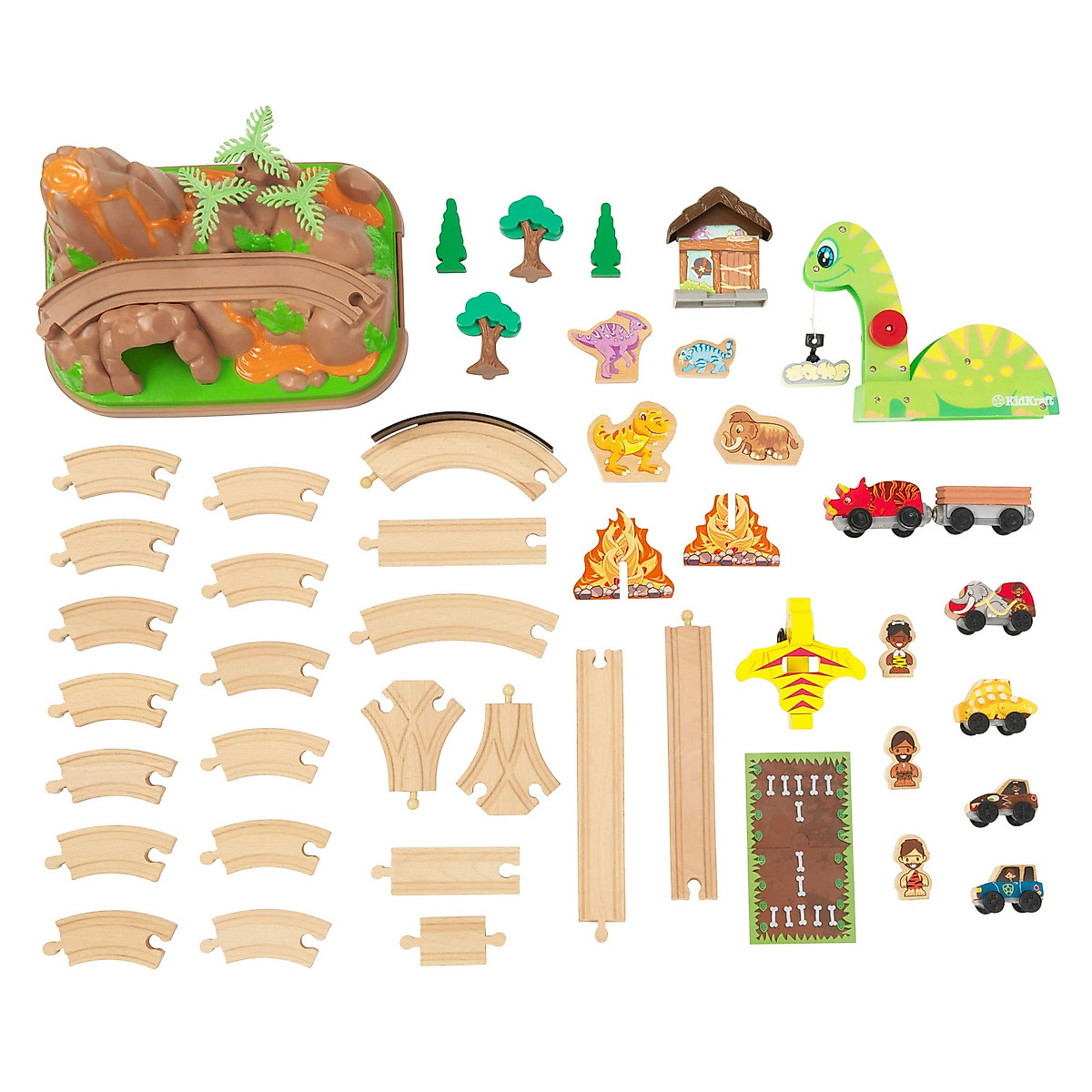 KidKraft Dinosaur Bucket Top Portable Wooden Train Set with 56 Pieces and 9 Feet of Track, Gift for Ages 3+