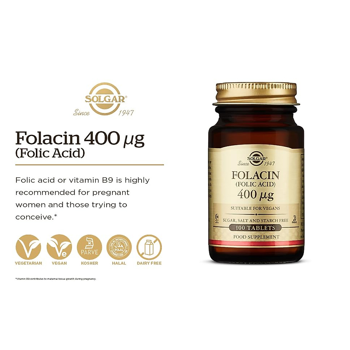 Solgar Folate 666 mcg DFE (Folic Acid 400 mcg), 250 Tablets - Heart Health - Prenatal Support - Non-GMO, Vegan, Gluten Free, Dairy Free, Kosher - 250 Servings